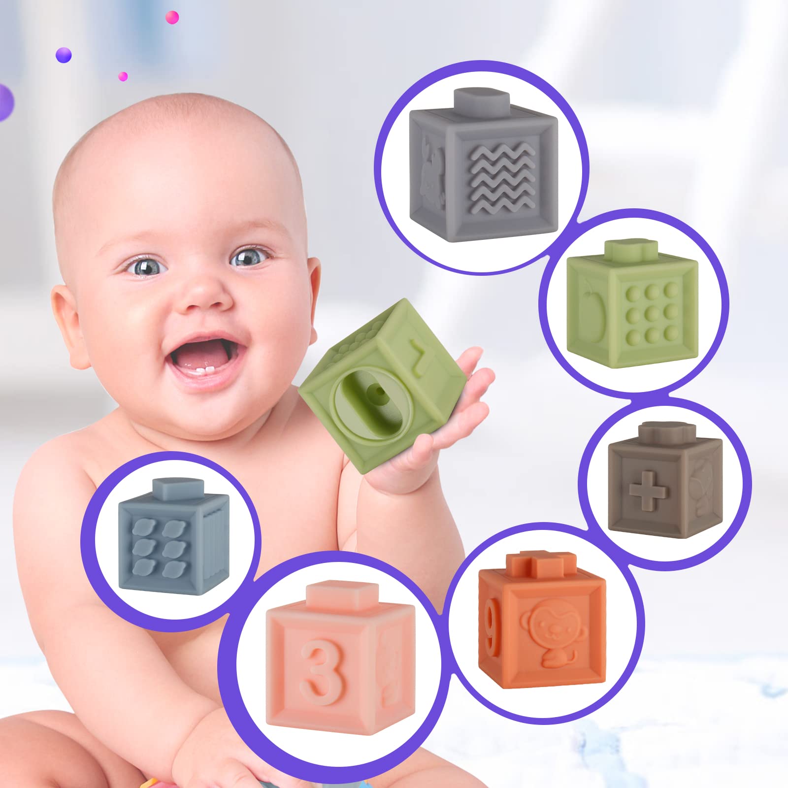 LENDOD Baby Soft Stacking Blocks Toys 12 PCS Educational Squeeze Infant Toys Play with Numbers Animals Shapes Textures for Toddlers Babies 6 9 12 Month 1 2 3 Year Old