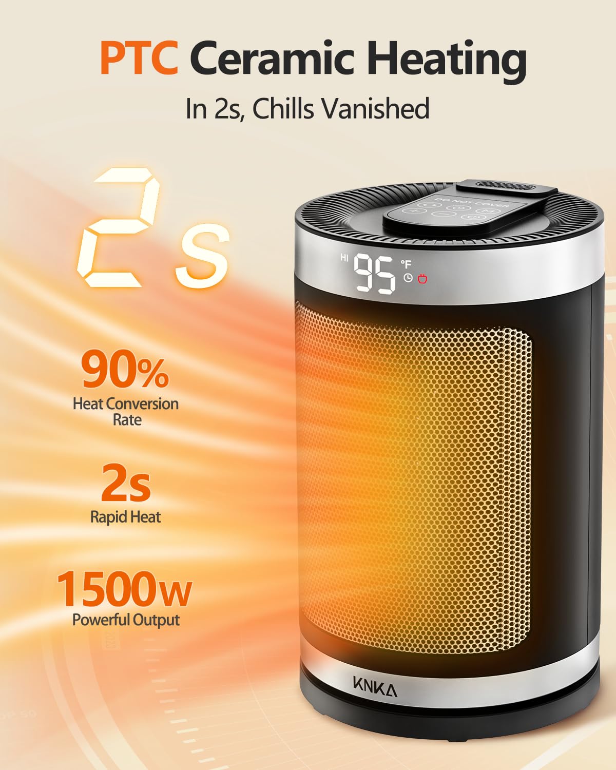 KNKA Space Heaters for Indoor Use, Portable Electric Heater with Thermostat, 90ยฐ Oscillation, 4 Mode, 12H Timer, 1500W Fast Safe Heating Ceramic Heater for Bedroom, Home, Office - ETL Certified, 9.4"