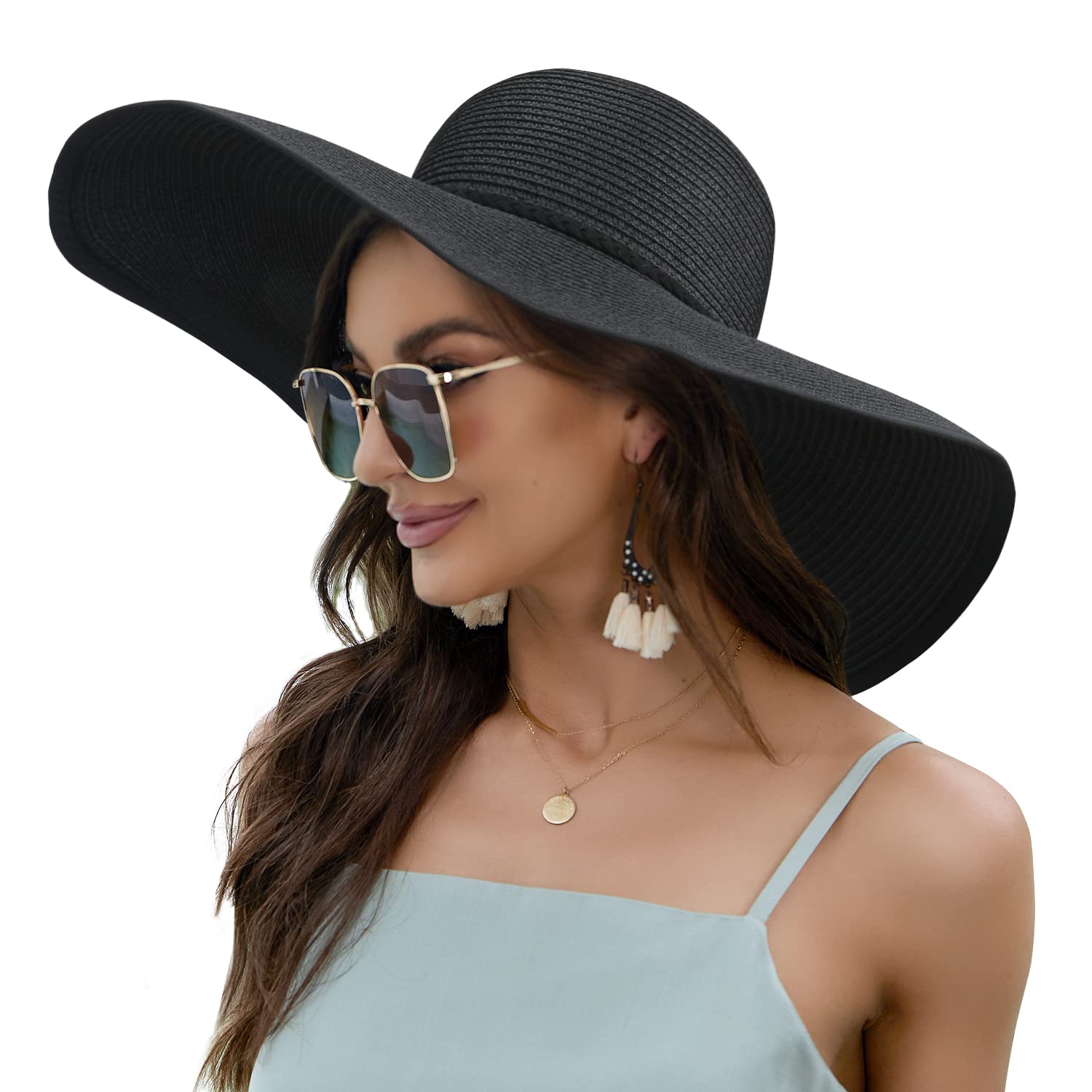 IRIS CRAFT Wide Brim Beach Sun Straw Hat Women UV UPF50 Travel Floppy Summer UV Hat, Black & Braids