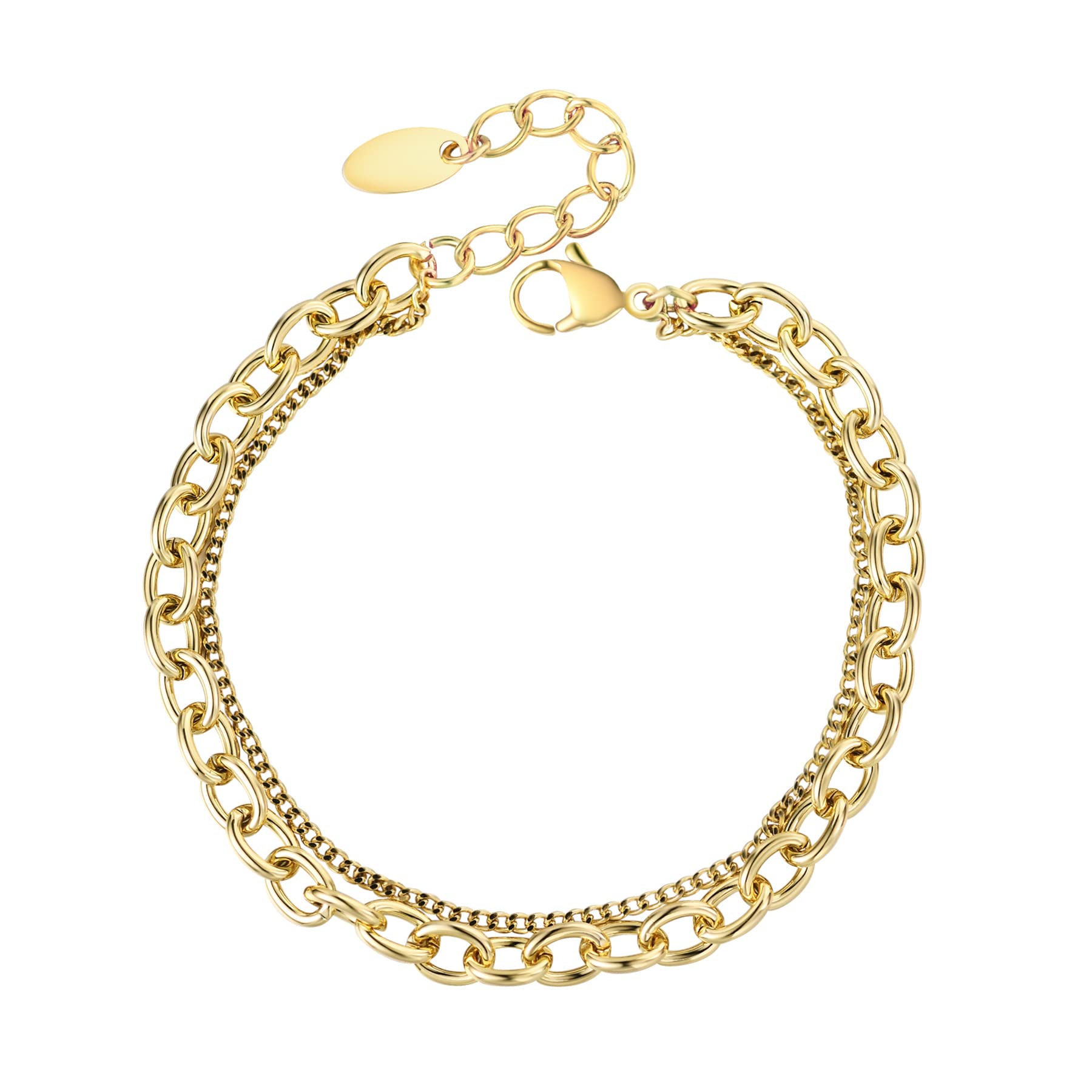 Kainier 14K Gold Plated Chain Bracelets for Women Dainty Cute Stainless Steel Cubic Zirconia Adjustable Layered Stacking Link Paperclip Bracelets (Layer Link)