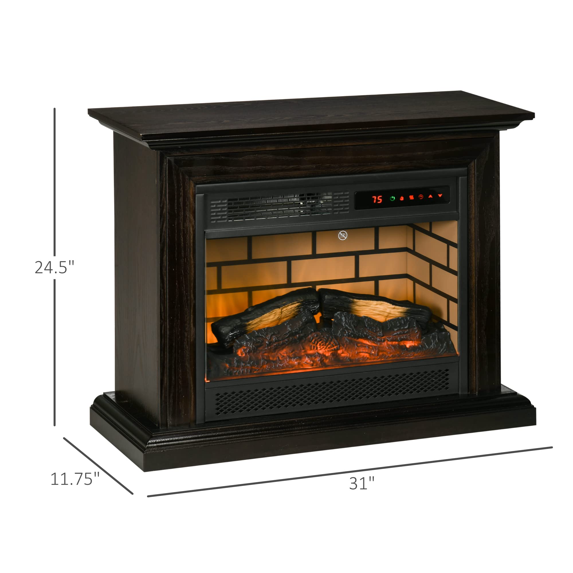 HOMCOM 31" Electric Fireplace with Dimmable Flame Effect and Mantel, Freestanding Space Heater with Log Hearth and Remote Control, 1400W, White