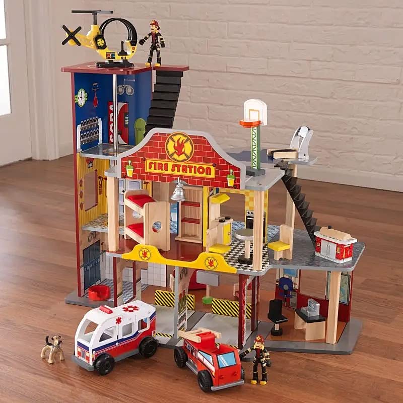 KK 63214 Deluxe Wooden Fire Rescue Play Set with Ambulance, Fire Truck, Helicopter, Firefighters, 27 Pieces, Gift for Ages 3+