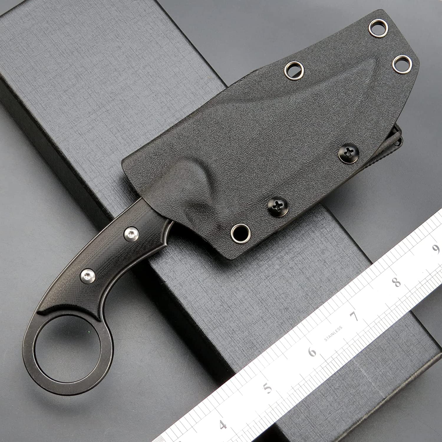Gtkii GTK116 Fixed Blade Knife,D2 Steel Blade,Micarta Handle Scales Outdoor Survival Camping Fishing Claw Knife with Kydex Sheaths(black)