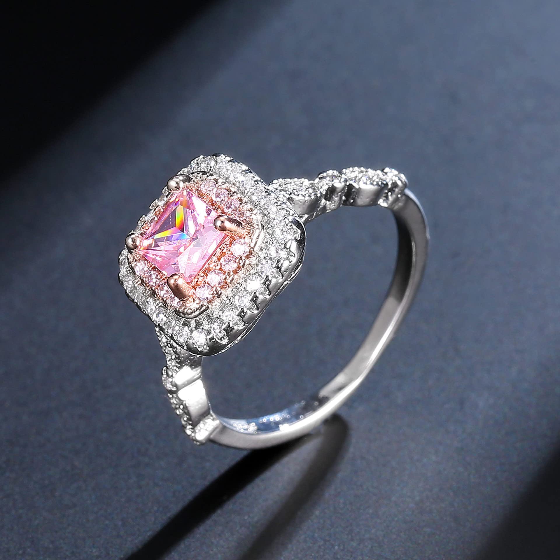 Imitation 925 Sterling Silver Pink Color Gold Micro Setting Diamond Ring CZ Square Diamond Princess Promise Engagement Wedding Women's Ring (US Code 6-10) (6)