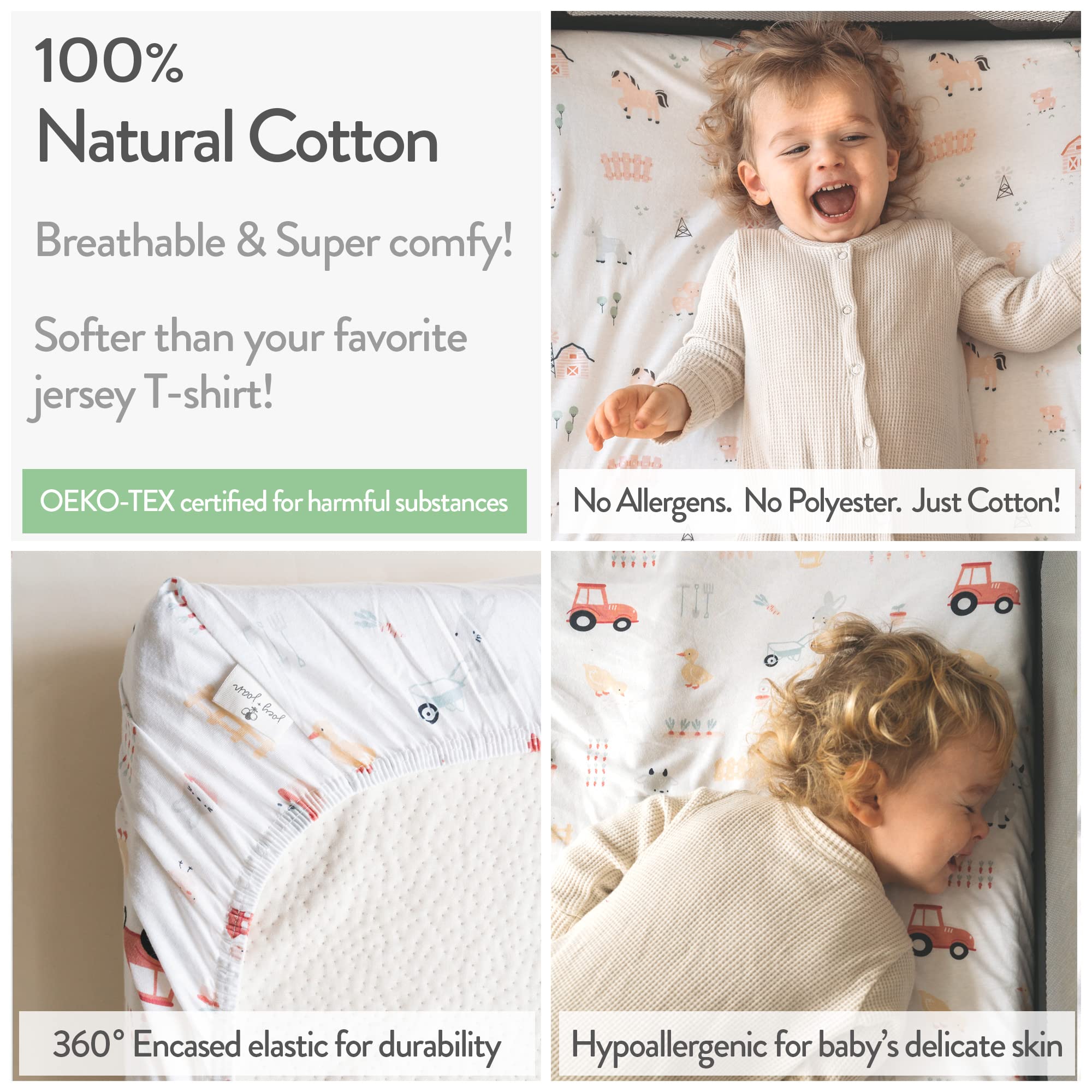 Mini Portable 24x38 Fitted Crib Sheets β Compatible with Dream on Me, Delta Porta Crib and Arms Reach Ideal Cosleeper β 100% Jersey Cotton β Farm Animals β 2 Pack