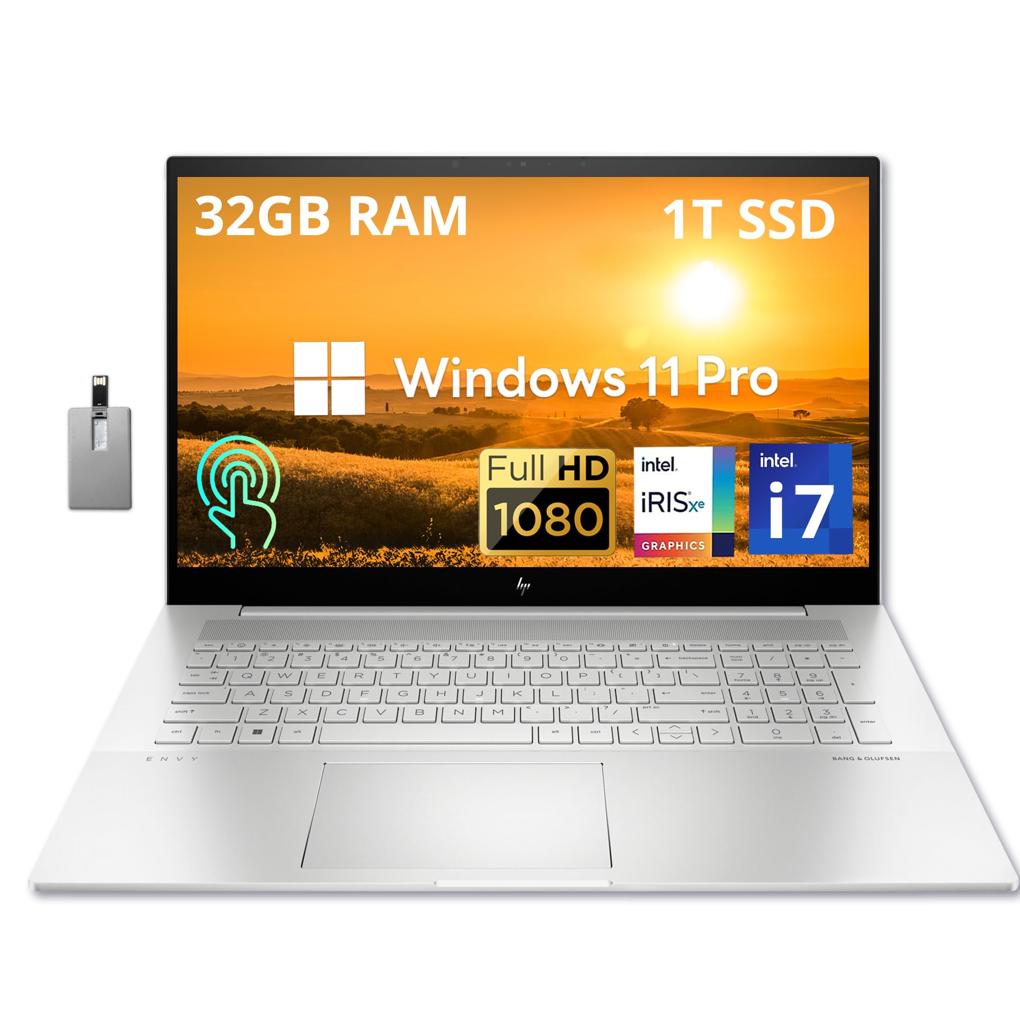 HP Envy 17.3" FHD IPS Touchscreen Laptop, Intel Core i7-1260P, 32GB RAM, 1TB PCIe SSD, Backlit Keyboard, Intel Iris Xe Graphics, 5MP IR Camera, WiFi 6E, Win 11 Pro, Silver, 32GB Snowbell USB Card