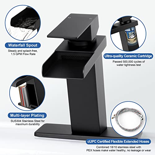 Matte Black Bathroom Faucet, Homikit Waterfall Bathroom Faucets for Sink 1 or 3 Holes, Modern Vanity Faucet with Single Handle Single Hole, Pop Up Drain, Deck Plate, 2 Water Supply Hoses