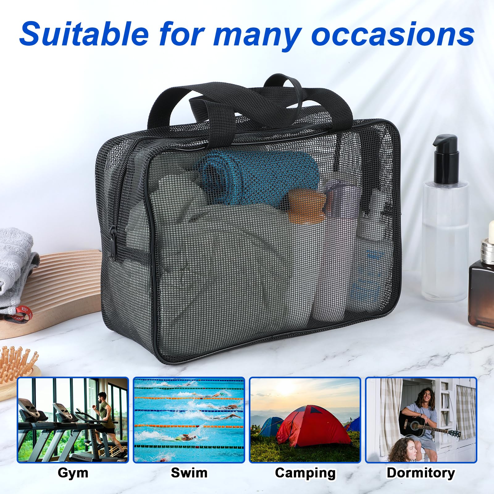 Molain Mesh Shower Caddy Portable Toiletry Tote Organizer Tote Gym Bag for College Dorm Bathroom (Black Large)