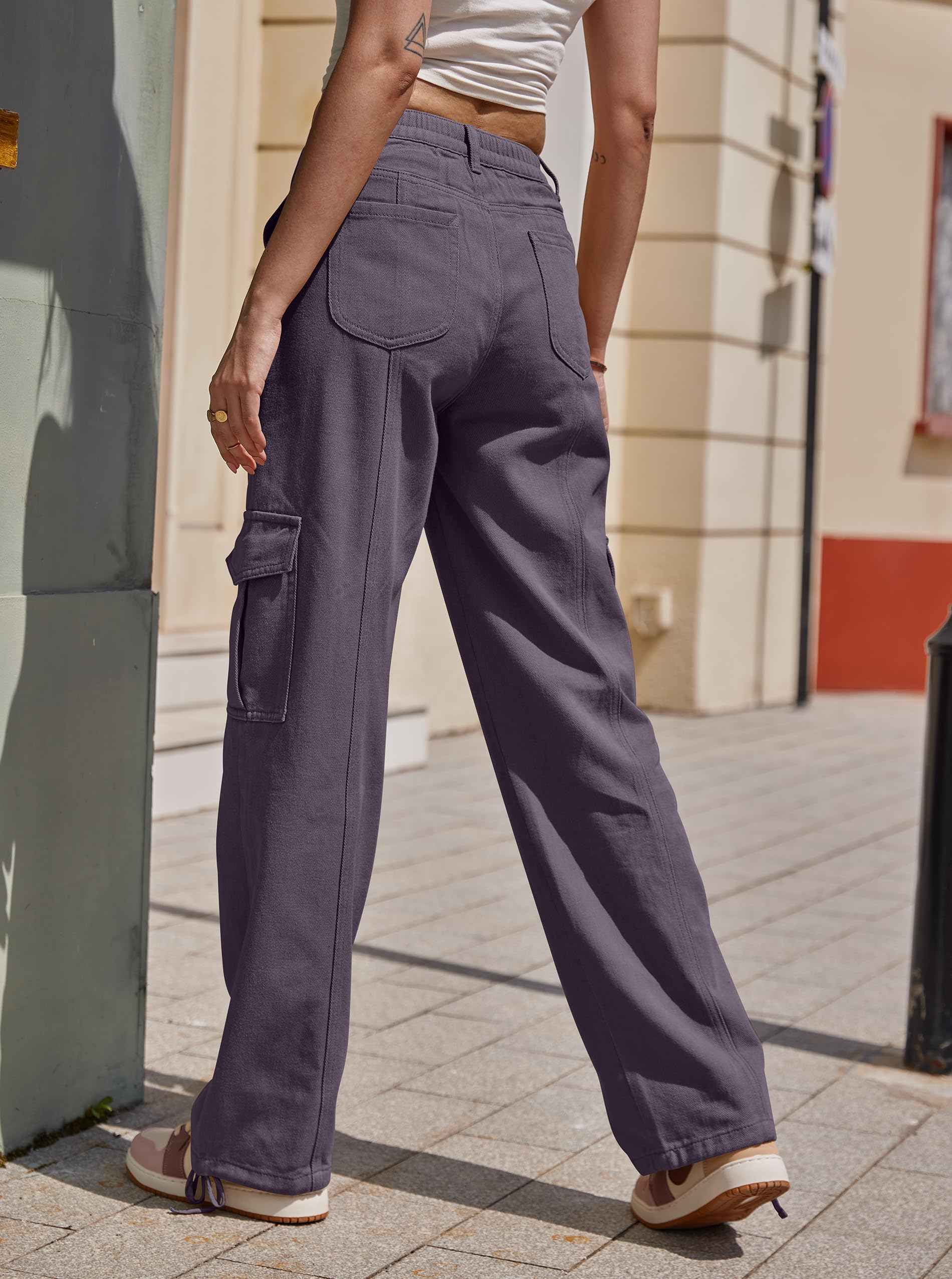 Hiistandd Women's High Waisted Cargo Pants Cotton Wide Leg Casual Pants Combat Military Work Trouser(Dark Gray,L)