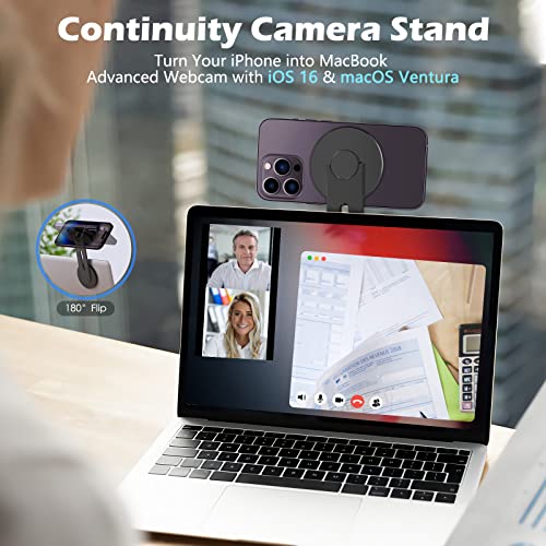imluckies Magnetic Laptop Phone Holder, 180° Adjustable Continuity Camera Mount Compatible with Magsafe for iOS 16 & MacBook macOS 13 Ventura, for 14/13 /12 Series, Black