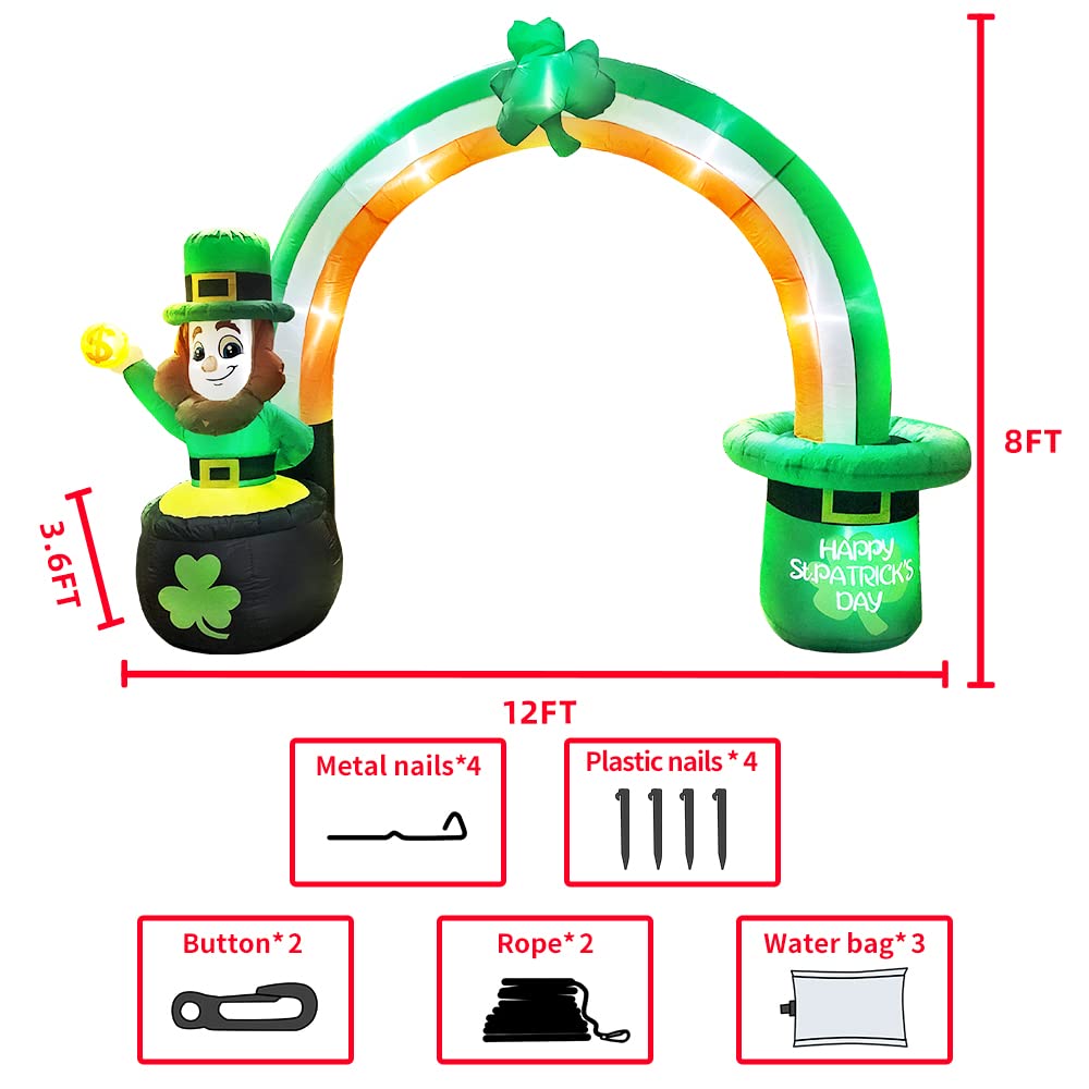KOOY 12FT Giant St Patricks Day Inflatables Outdoor Decorations,Leprechaun Inflatable Blow Up Lucky Shamrocks Rainbow Arch,St Patricks Day Blow up Decorations with LED Light St Patricks Day Decoration