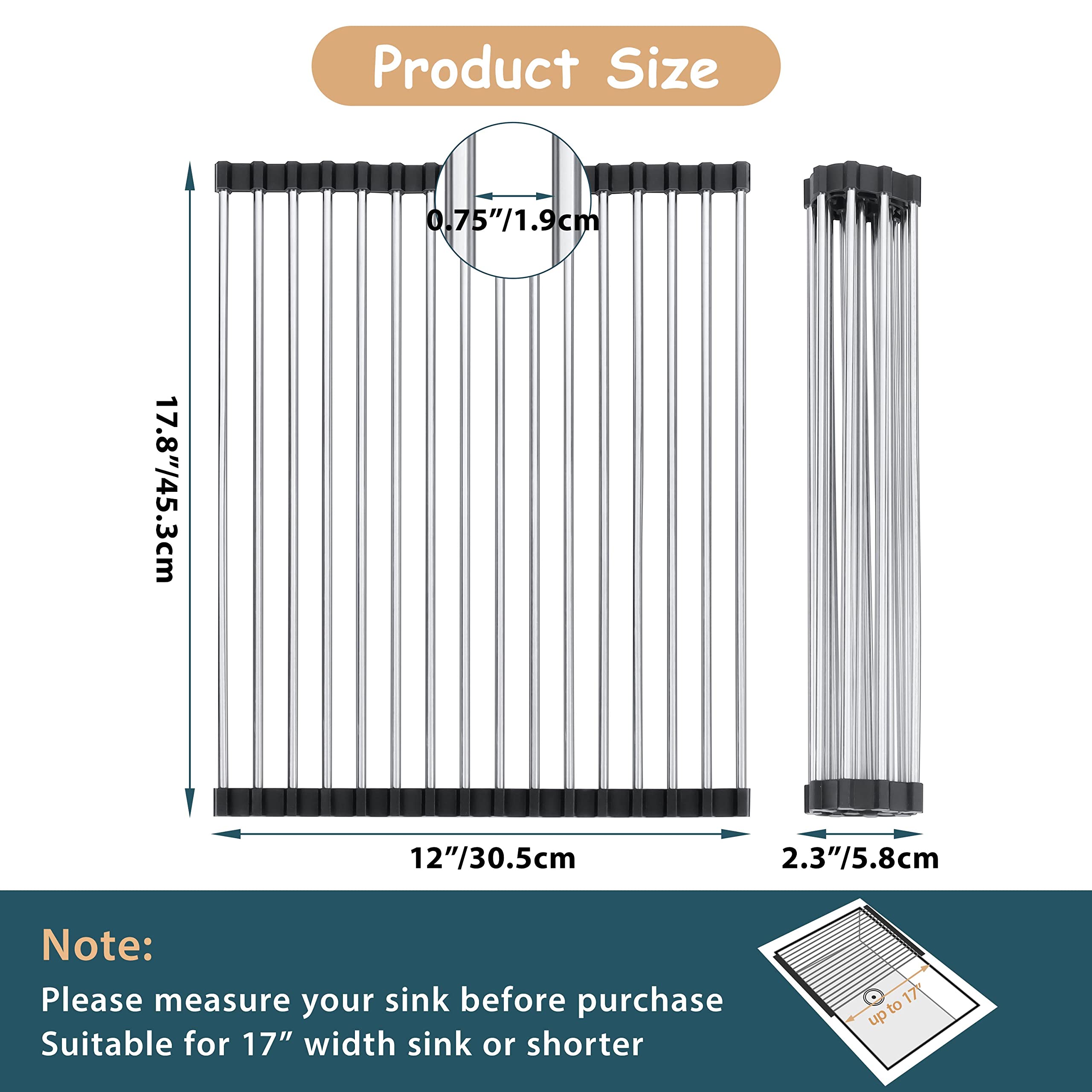 Herogo Roll Up Dish Drying Rack, Versatile Over The Sink Dish Drying Rack for Kitchen Sink, Stainless Steel Kitchen Sink Drying Rack for Kitchen Counter, 17.8” x 12”, Heat-Proof & Slide-Proof