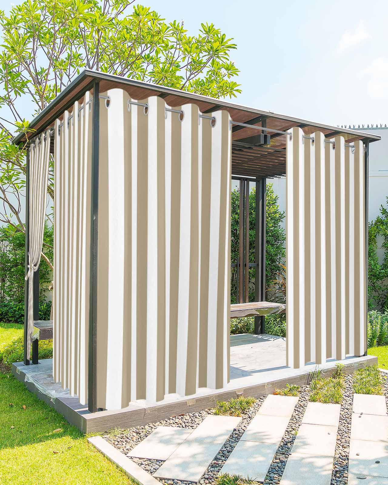 Outdoor Curtains for Patio Waterproof Stripe Indoor/Outdoor Curtain Tiebacks Khaki White Stripes Privacy Curtain Sun Blocking Farmhouse Grommet Drapes for Pergolas Gazebo Porch Balcony 2 Panel 54x84