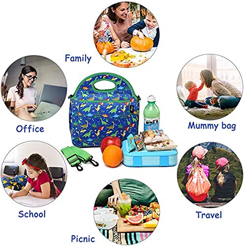 Kasqo Lunch Bag for Kids, Neoprene Insulated Boys Lunch Boxes Childrenās Lunch Tote with Front Pocket and Detachable Adjustable Shoulder Strap in Cute Dinosaur