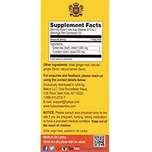 Hyleys Turmeric with Green Tea Ginger & Lemon Flavor - 25 Tea Bags