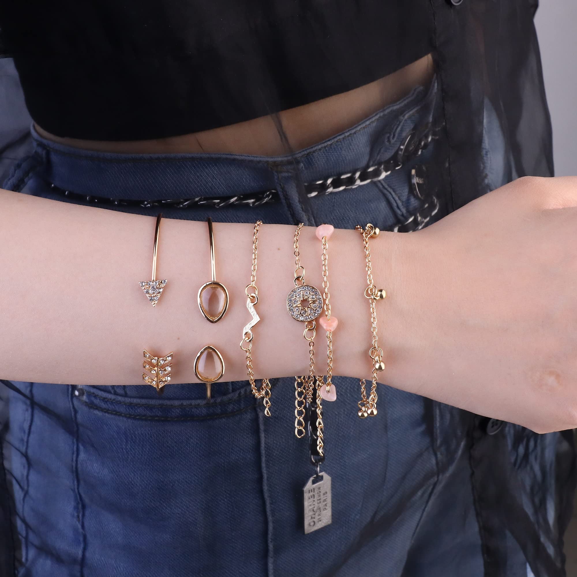 IRONBOX 35 Pcs(8 PACK) Boho Gold Chain Bracelets Set for Women Multiple Layered Stackable Open Cuff Wrap Bangle Adjustable Fashion Paperclip Link Italian Cuban Jewelry for Women Gift