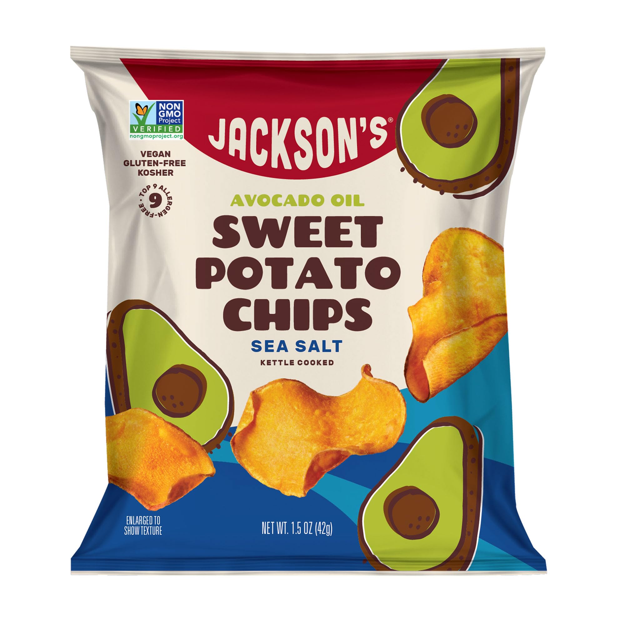 Jackson’s Sweet Potato Kettle Chips with Sea Salt made with Premium Avocado Oil (1.5 oz, Pack of 10) - Allergen-friendly, Gluten Free, Peanut Free, Vegan, Paleo Friendly - Shark Tank Product