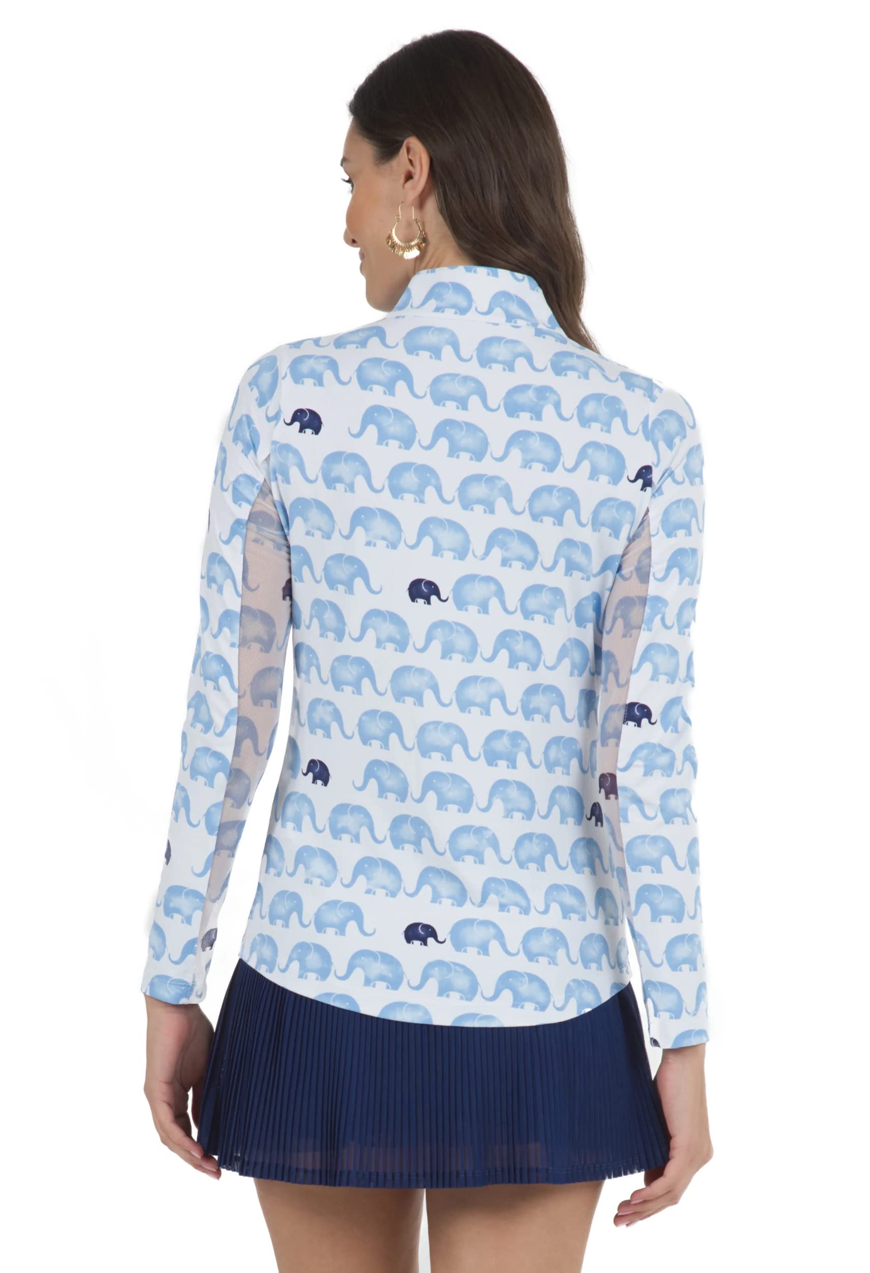 IBKUL Athleisure Wear Sun Protective UPF 50+ Icefil Cooling Tech Velma Print Long Sleeve Mock Neck Top – 10382 Peri/Navy Velma L