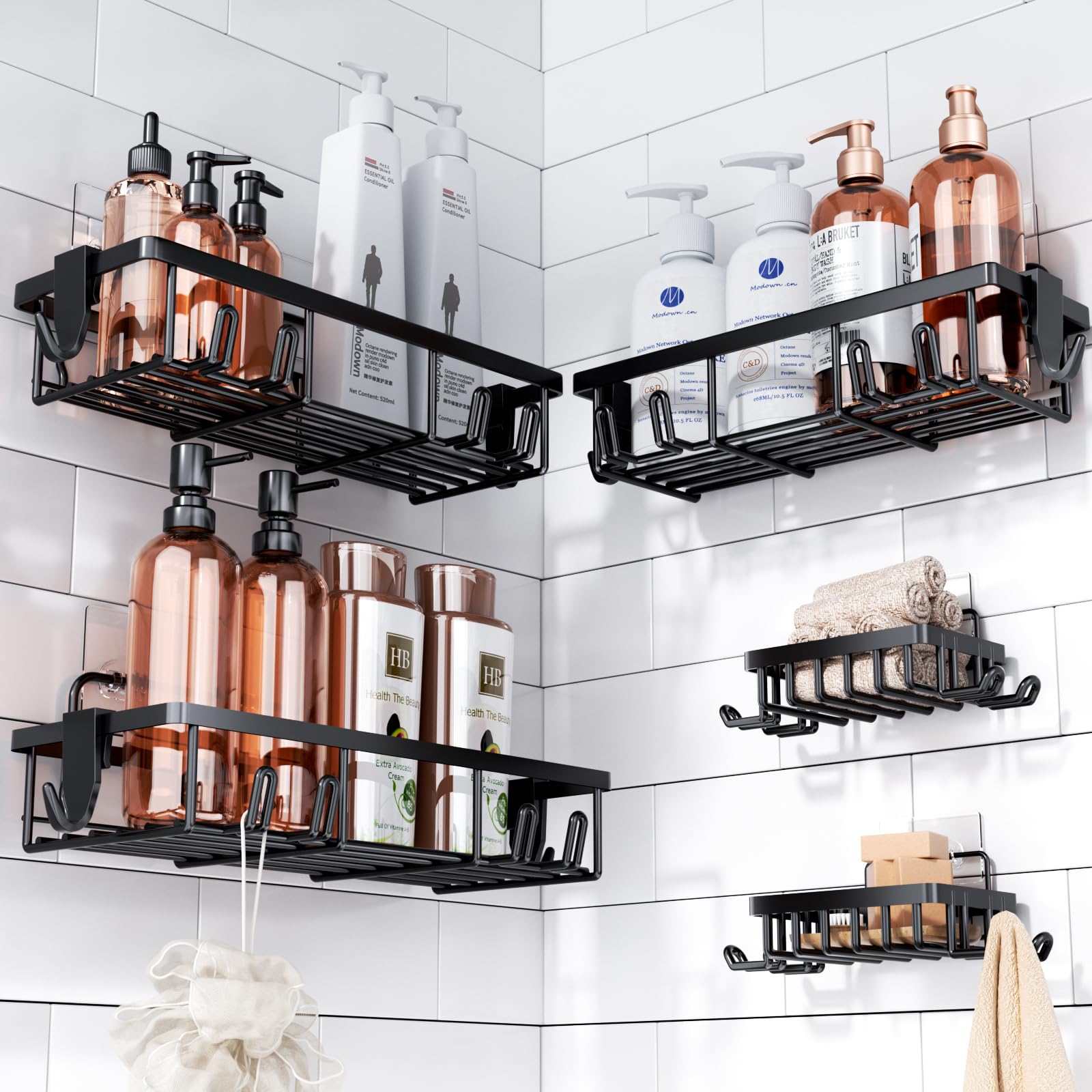 PLEDDANIO Adhesive Shower Caddy - 5 Pack Shower Shelf for Inside Shower, No Drilling Shower Rack with Hooks, Large Capacity Bathroom Accessories Organizer, No Drilling Wall Mounted Rack