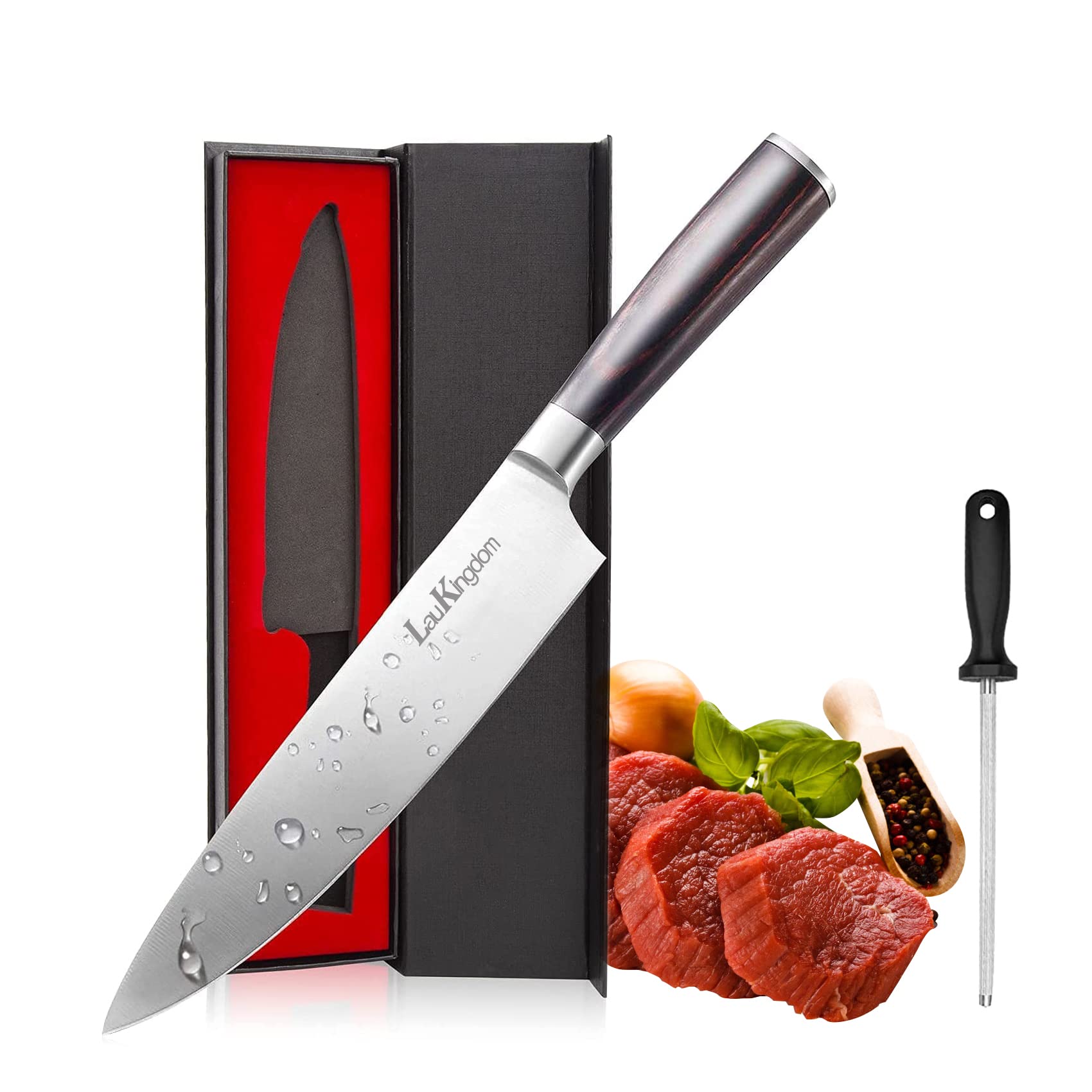 LauKingdom 8 Inch Super Sharp Professional Kitchen Knife, Sharp Paring Knife with Ergonomic Handle, High Carbon Stainless Steel Chef's Knife with Knife Sharpener and Gift Box