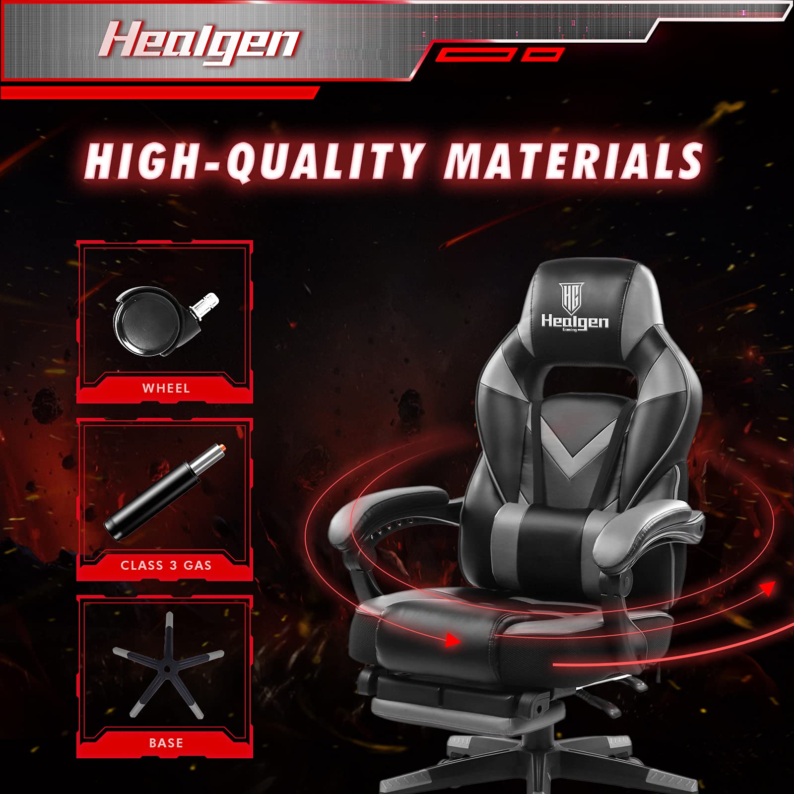 HEALGEN Reclining Gaming Chair with Adjustable Massage Lumbar Pillow and Footrest- Memory Foam PC Computer Racing Chair - Ergonomic High-Back Desk Office Chair (9015GREY)