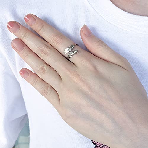 Hioed 925 Sterling Silver Feather Inspirational Jewelry Ring Adjustable Dainty Wrap Open Rings for Women