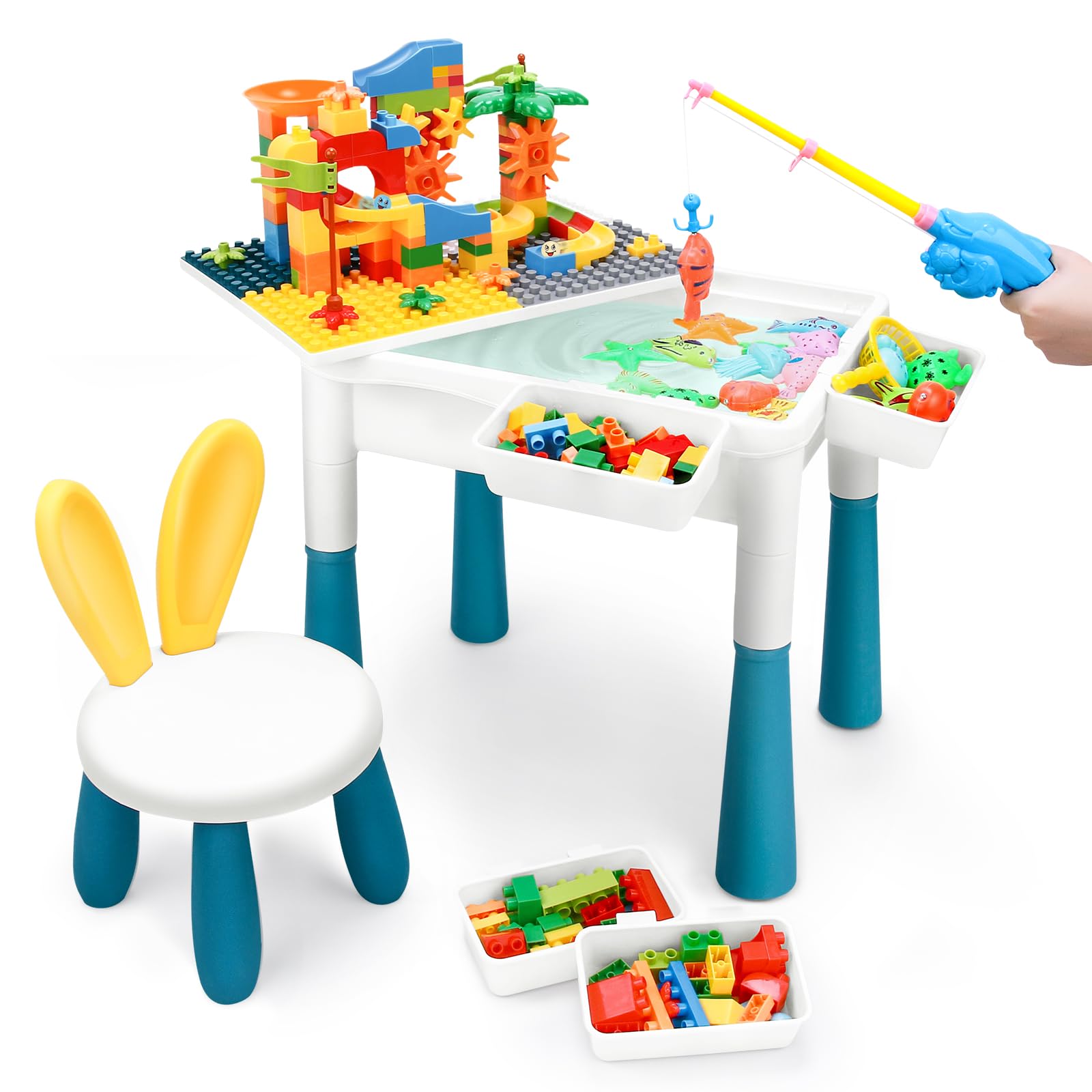 JONEALA Double Sided Kids Activity Table Set, 5-in-1 Multi Play Sand Water Table Toys, 105pcs Marble Run Building Blocks Table for Toddlers Age 1 2 3 Boys Girls, Toy Storage & Adjustable Heighten