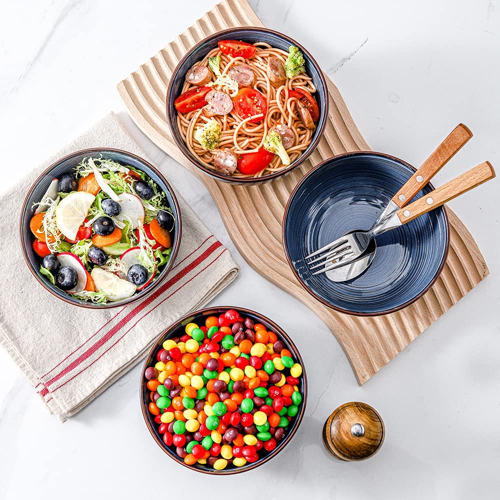 HVH Ceramic Cereal Bowls Set of 4, Soup Bowls Microwave Safe, 24 oz Ceramic Bowls for Kitchen, Salad, Oatmeal, Soup, Noodle, Farmhouse Style (Blue)