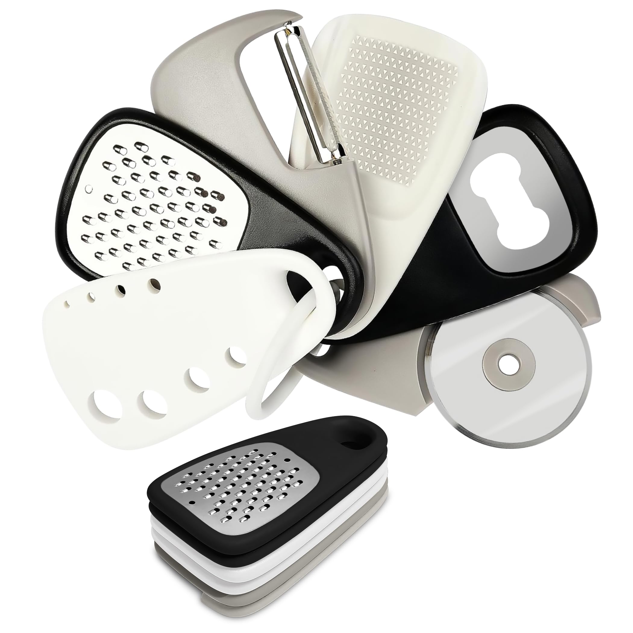 Kitchen Gadget, 6 Piece Set, Space Saving, Camper must haves, RV Accessories, Cheese Grater, Bottle Opener, Fruit/Vegetable Peeler, Pizza Cutter, Garlic/Ginger Grinder,Herb Stripper, (Blk/Gray/White)