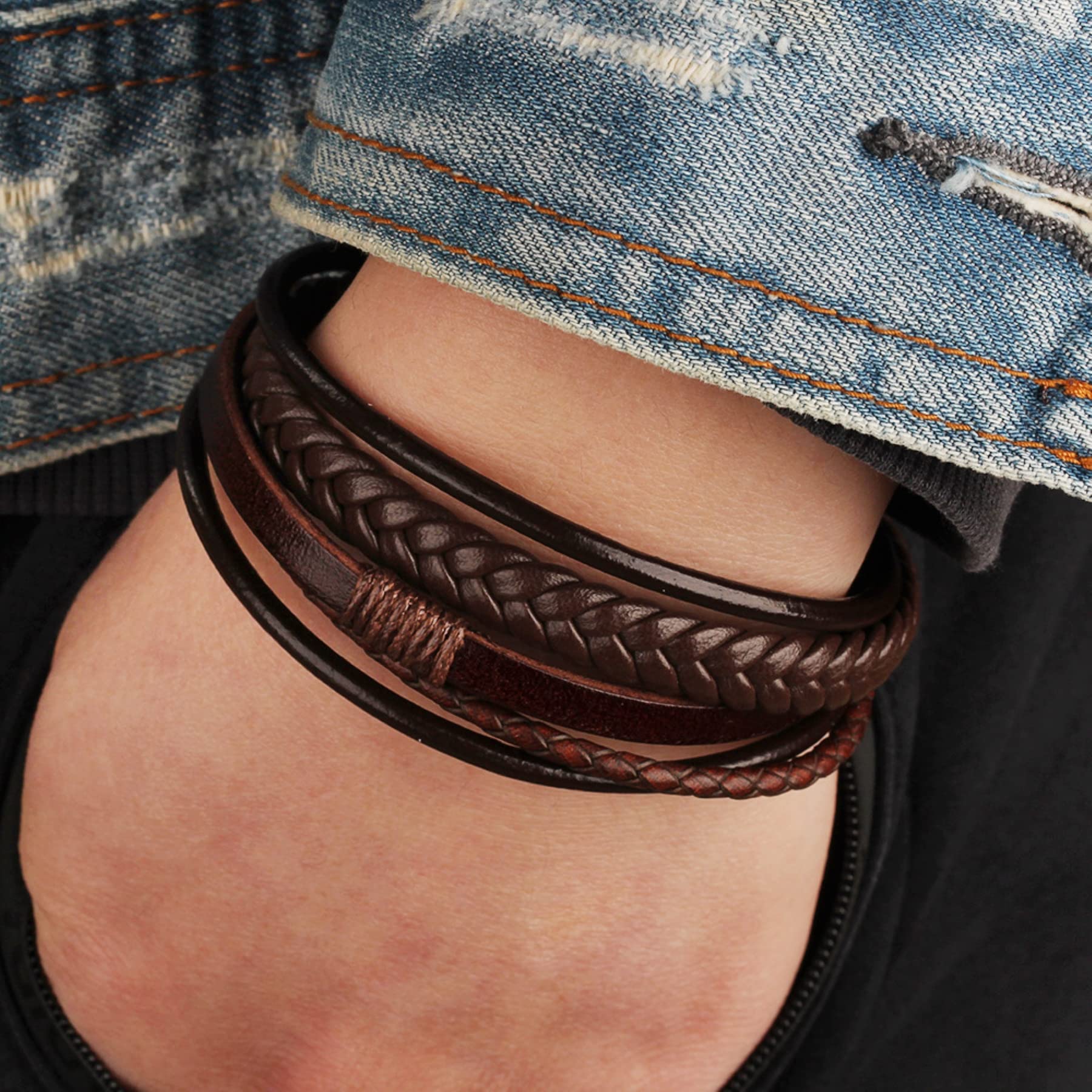 Jaslee Multi-Layered Cowhide Leather Braided Bracelet Men Women 8.3 Inches Gifts for Couple-Brown&Silver