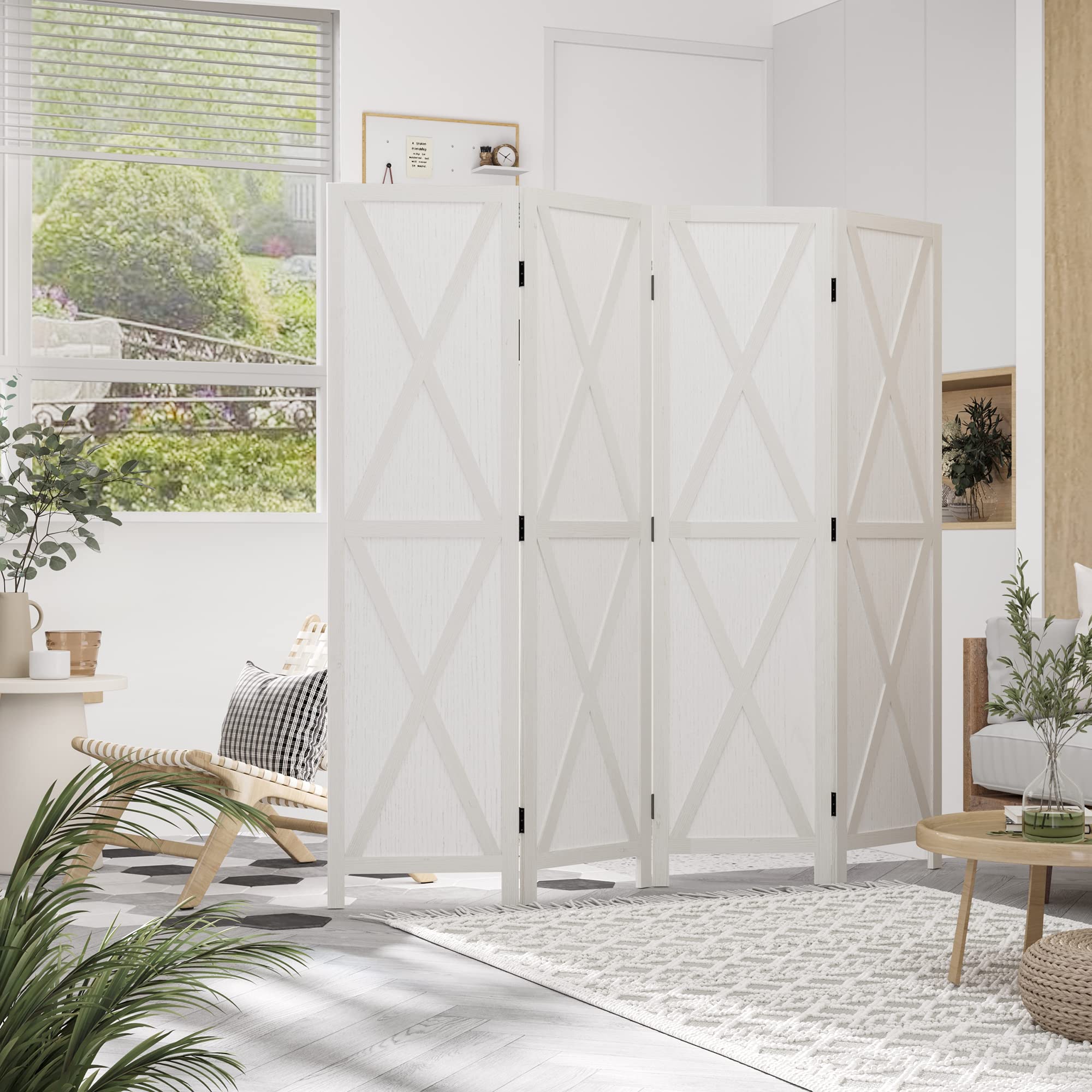 HOMCOM 4-Panel Folding Room Divider, 5.6 Ft Tall Freestanding Paulownia Wood Privacy Screen Panels for Indoor Bedroom Office, White