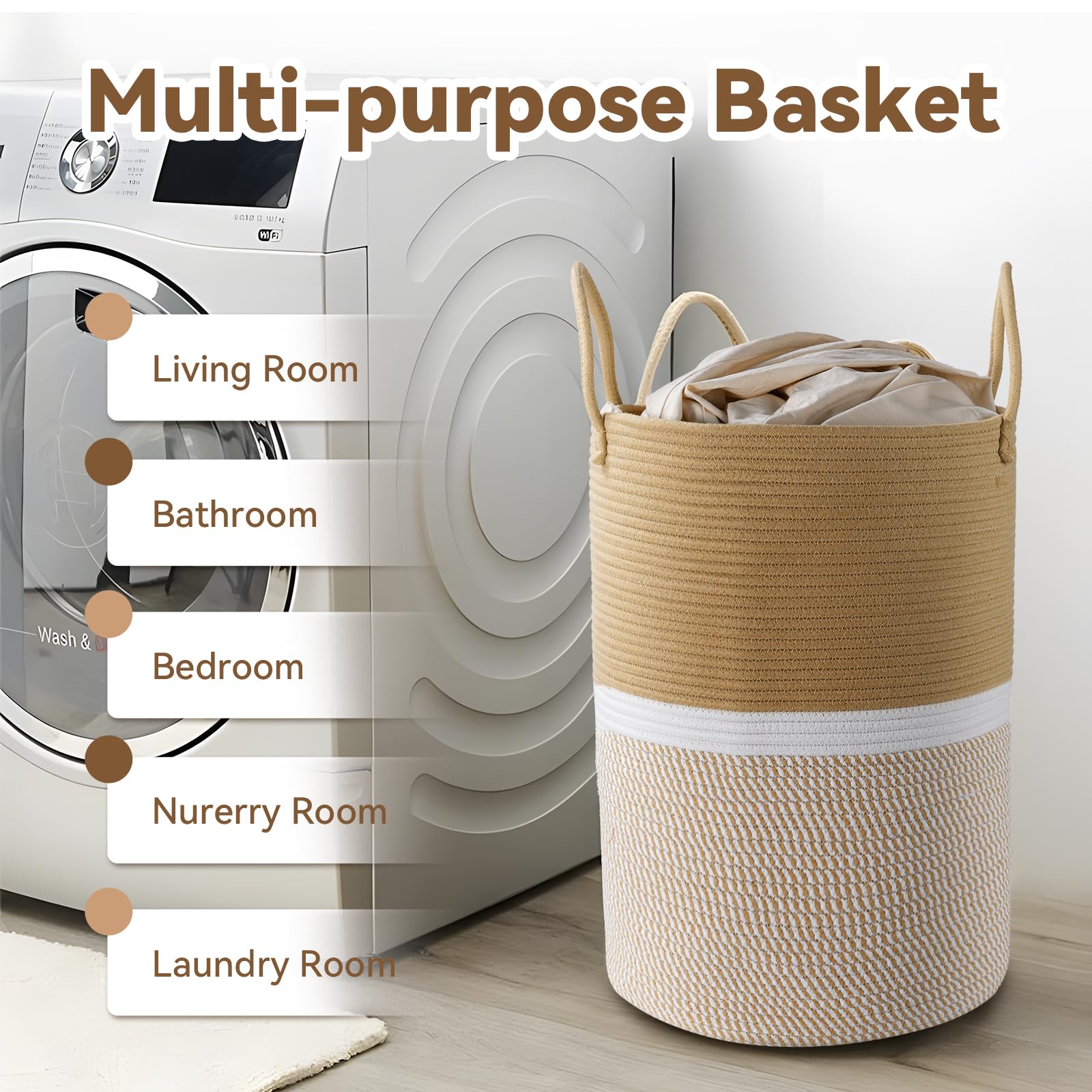 Laundry Storage Basket Large,Tall Rope Baskets for Storage,Cute Blanket Basket,Suitable for Living Room, Bedroom, Farmhouse,Can Be Decorative and Used to Store Toys