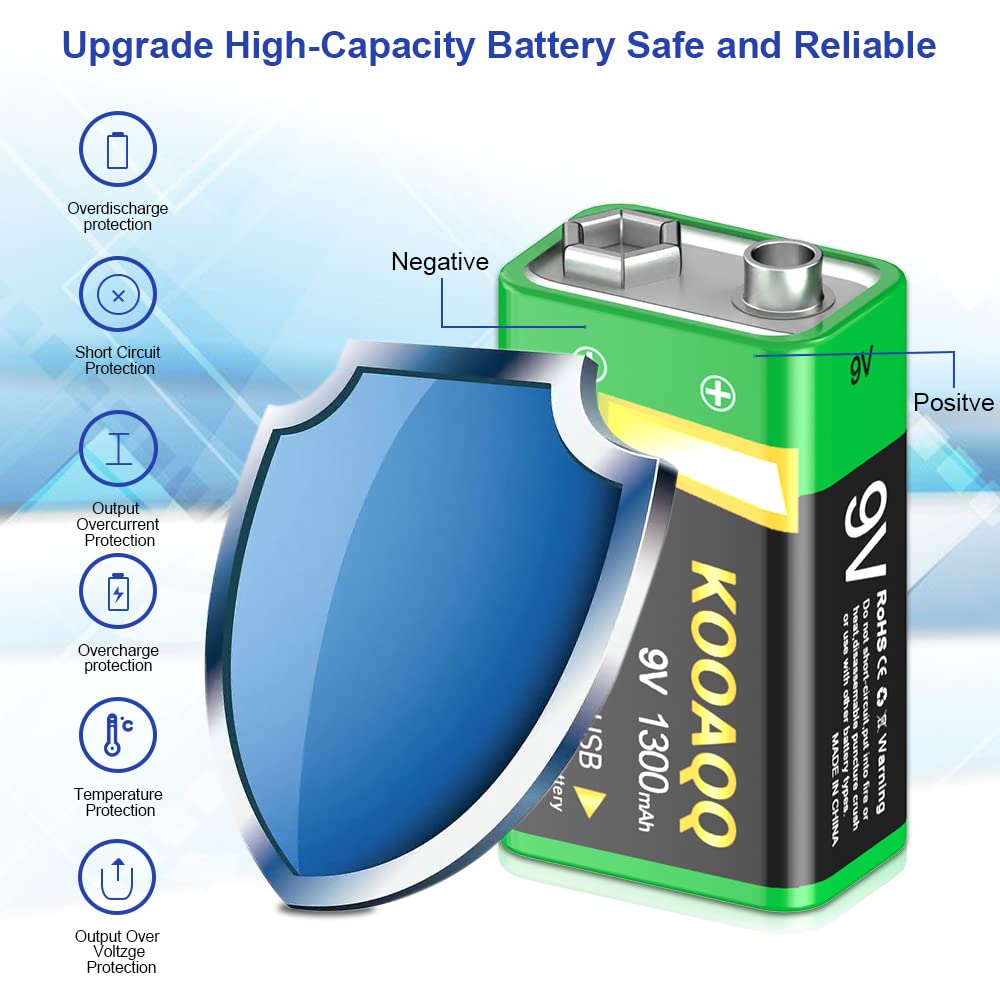 KOOAQQ 9V Lithium Battery, High Capacity 1300mAh, with 2 in 1 USB-C Charging Cable,Rechargeable 9 Volt Square Batteries for Smoke Detector/Alarms,Wireless Microphones,Metal Detector (2 Count 9V 1300)