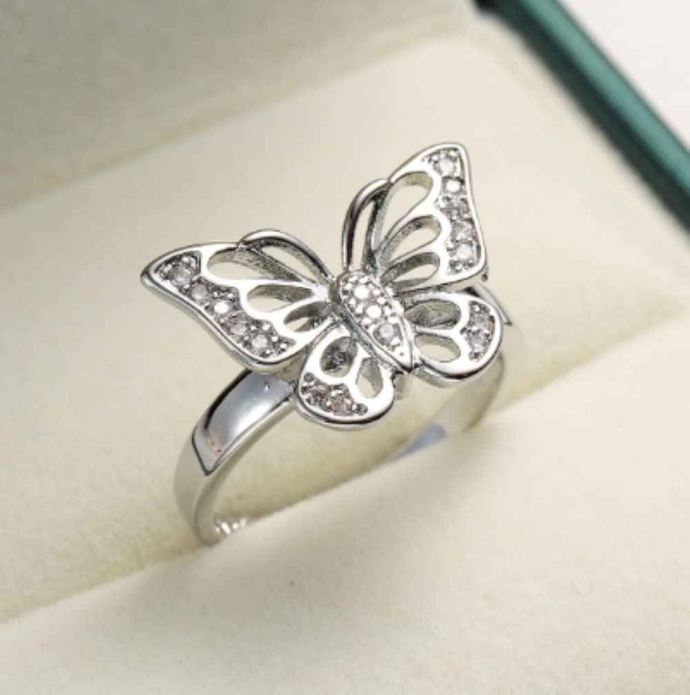 HUKQBUNX 925 Sterling Silver creative women's Zircon hand decoration Animal Butterfly small crystal small diamond women's fresh ring size 6-10 (Size 9)