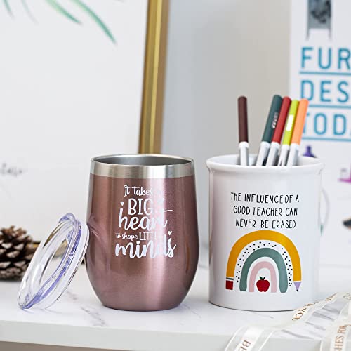 Hereman's Teacher Appreciation Gift Sets -Basket for Women, Back to School Gift, Christmas 12oz Wine Tumbler, Bookmarks, Ceramic Pen Holder, Pouch Bag, Rose Gold