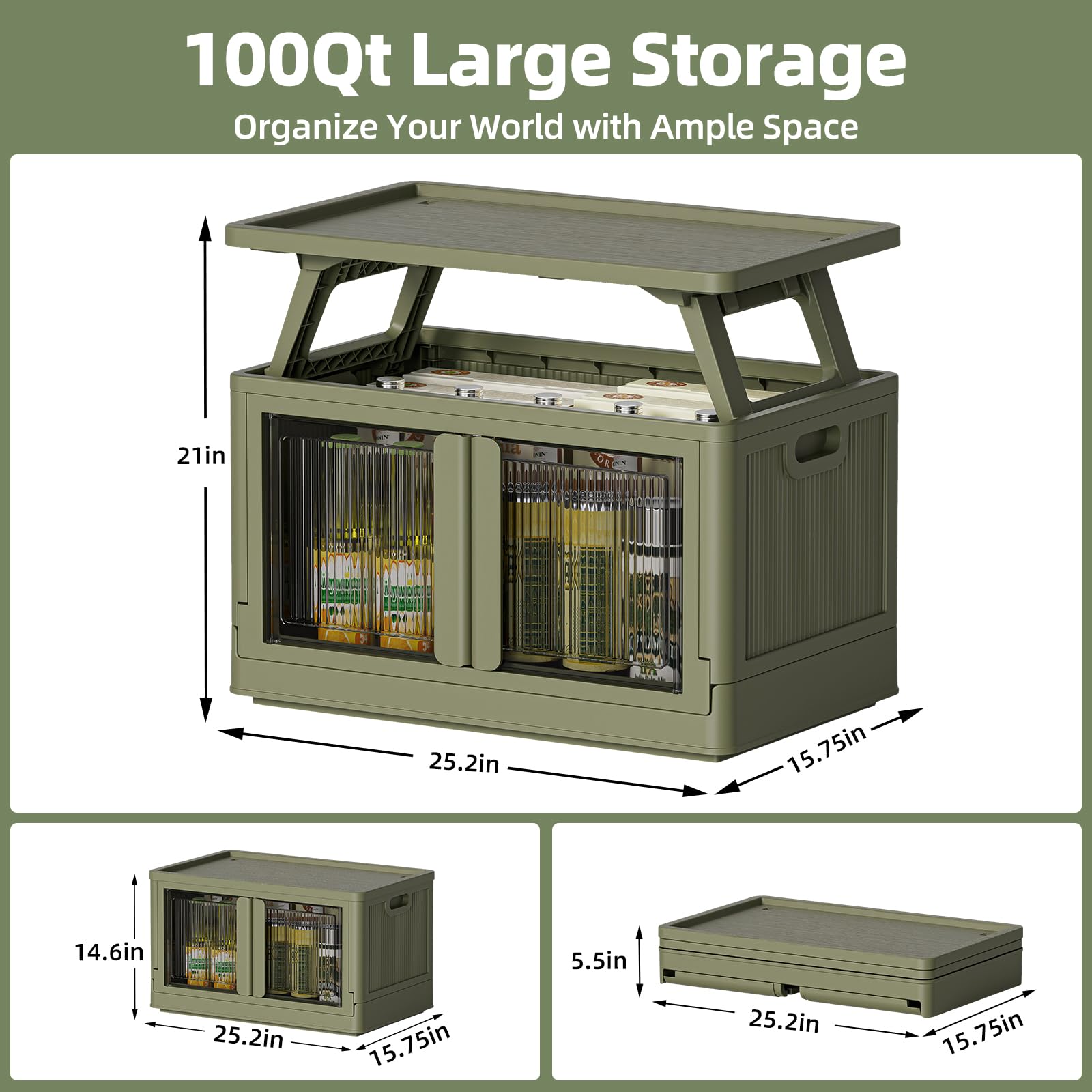 Outdoor Storage Box with Table Function, 100Qt Collapsible Trunk Organizers, Multifunctional Storage Container & Chuck Box for Picnics, Camping, Outdoor and Home (Green)