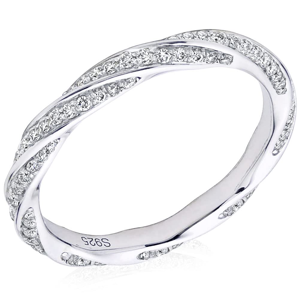 Idocare Tiny Moissanite Wedding Bands For Women 925 Sterling Silver Twist Eternity Ring 2mm Width Size 7.5