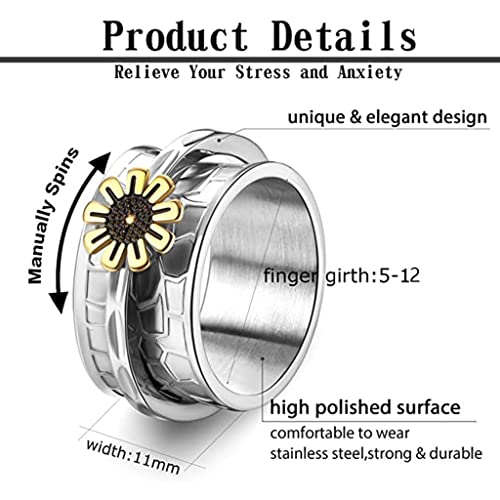 Jude Jewelers Retro Vintage Stainless Steel Hammered Flower Rotating Spinner Anxiety Pressure Relief Ring (Silver Gold, 7)