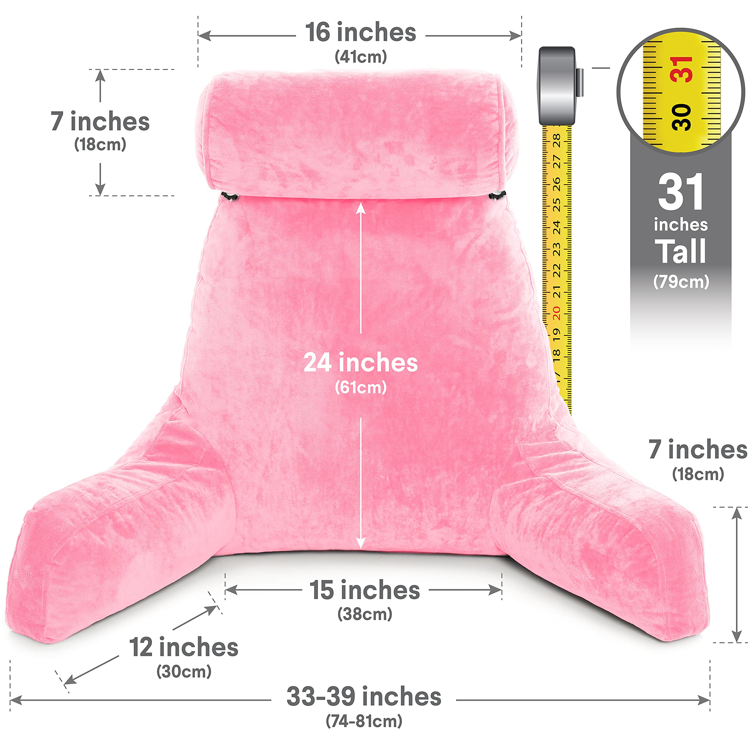 Husband Pillow Combo - Backrest Pillow with Arms : XXL Pink & Lap Desk Bed Tray : Grey - Memory Foam Reading Pillows for Bed w/Removable Neck Roll & Laptop Bed Tray Table