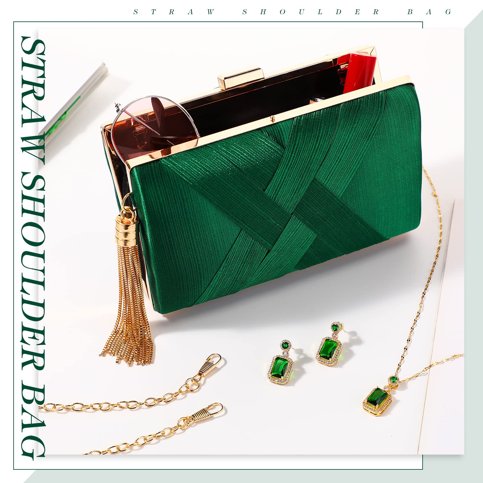 Jadive 3 Pcs Clutch Purses for Women Handbag Evening Purses Bag for Wedding Vintage Banquet Handbag Earrings Necklace Set(Emerald Green)