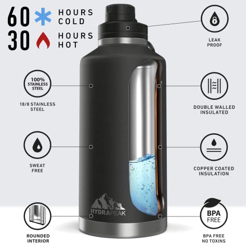 Hydrapeak 72 oz Large Insulated Water Bottle, Leak Proof Water Bottle for Hot & Cold Liquid, 72oz Water Bottles, Water Jug, Stainless Steel (Black)