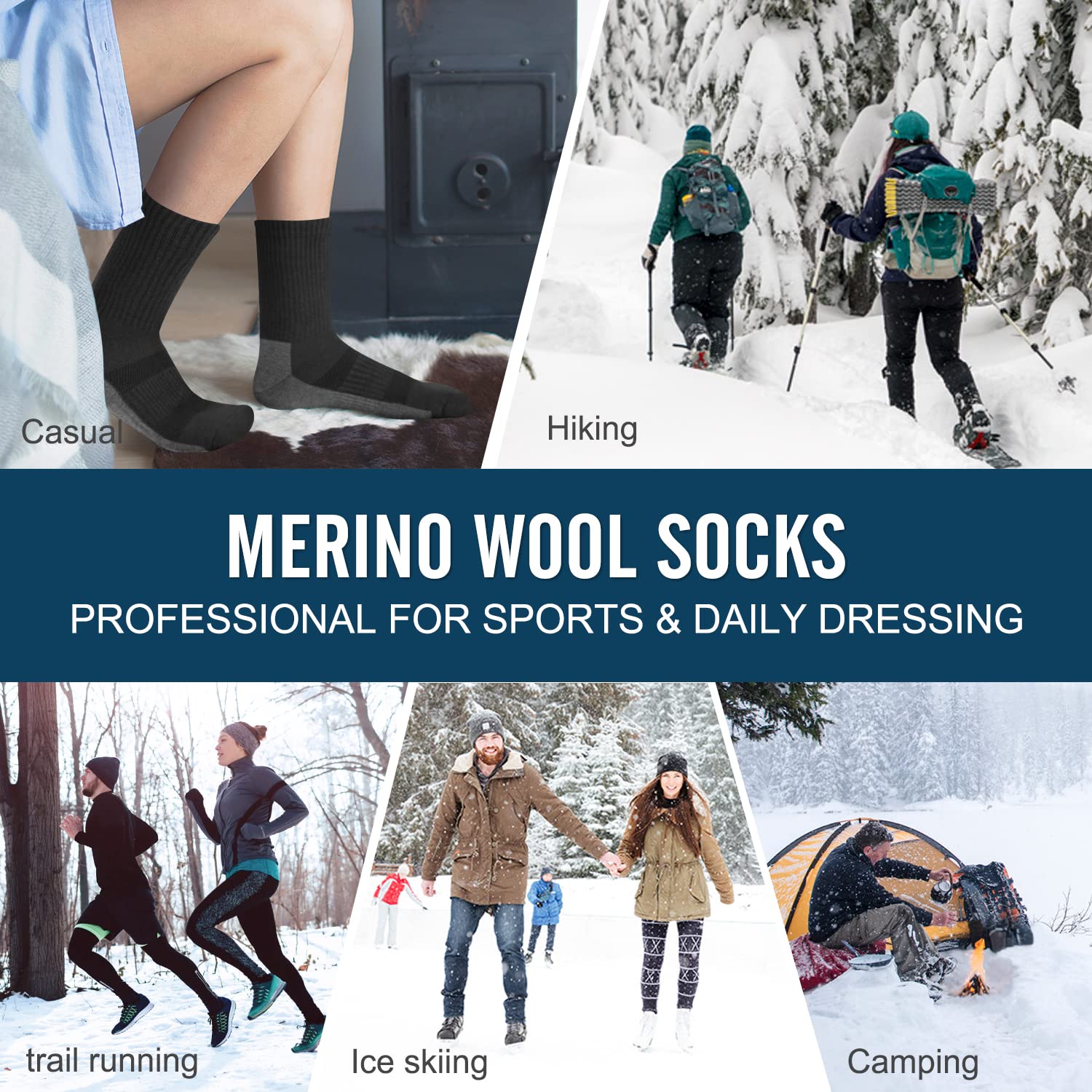 H HANDOOS 3 Pack Merino Wool Hiking Socks for Men & Women, Thermal Warm Cushioned Crew Socks for Trekking Working Camping - Black, L, 9-12