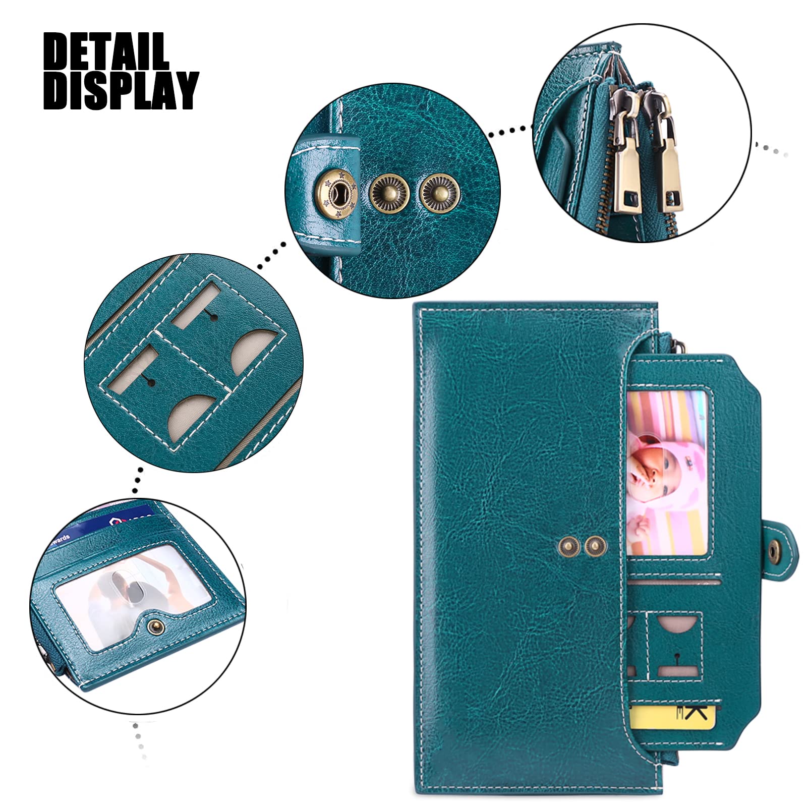 KELEEL Women Wallet RFID Blocking Bifold Genuine Leather Wallet with Double Zipper Pocket Removable Card Sleeve Multi Card Case Phone Holder Clutch (Classic Blue)
