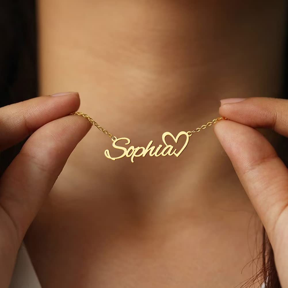 Laffyett Name Necklace Personalized with Heart Stainless Steel Custom Name Necklace Gifts for Women