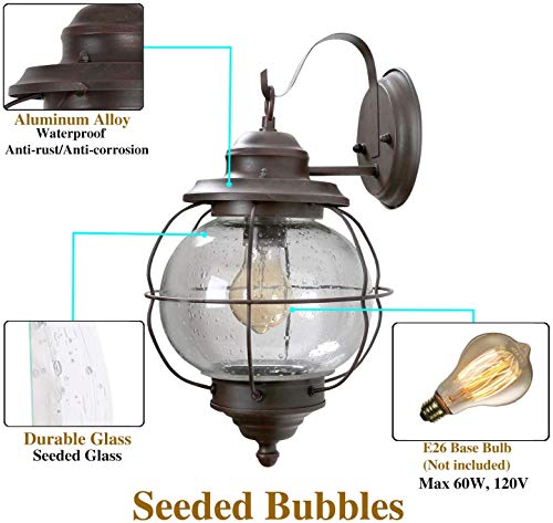 LNC Exterior Porch Light Fixture,17" Large Size Globe Seeded Glass & Metal Cage Frame for Garage, Hallway and Patio, Rustic Bronze Outdoor Wall Sconce