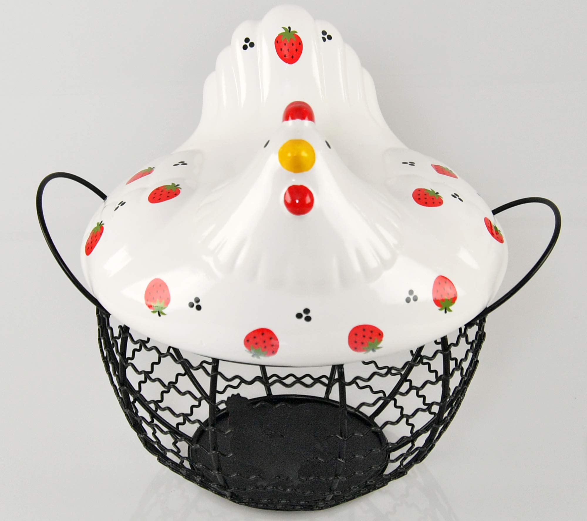 HOME-X Chicken Egg Basket for Egg Storage, Ceramic and Iron Decorative Basket with Chicken Design, Farmhouse Kitchen Decor, Holds 20–25 Eggs, Strawberry Print