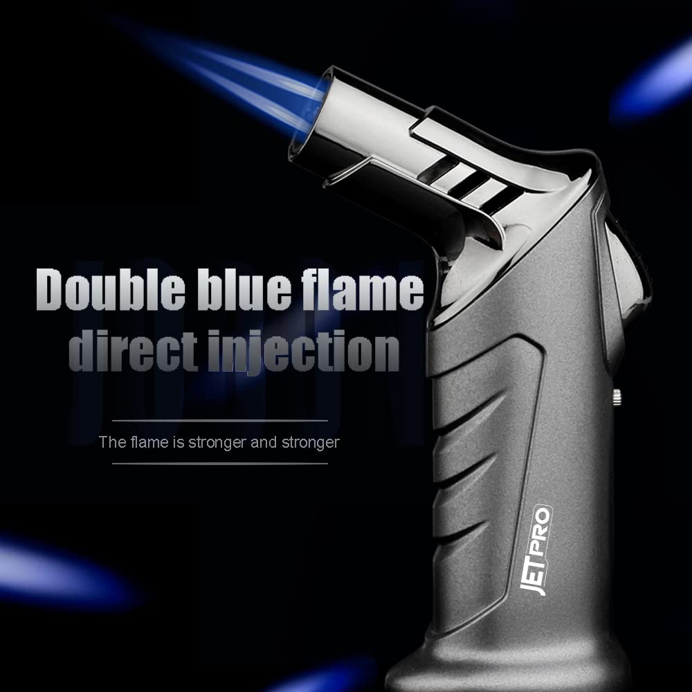 JETPRO Butane Torch with Fuel Gauge Refillable Kitchen Torch Lighter with Fire Locking Device and Adjustable Flame One-Handed Operation Blow Torch for Grill, BBQ(Butane Gas is Not Included) (Gray)