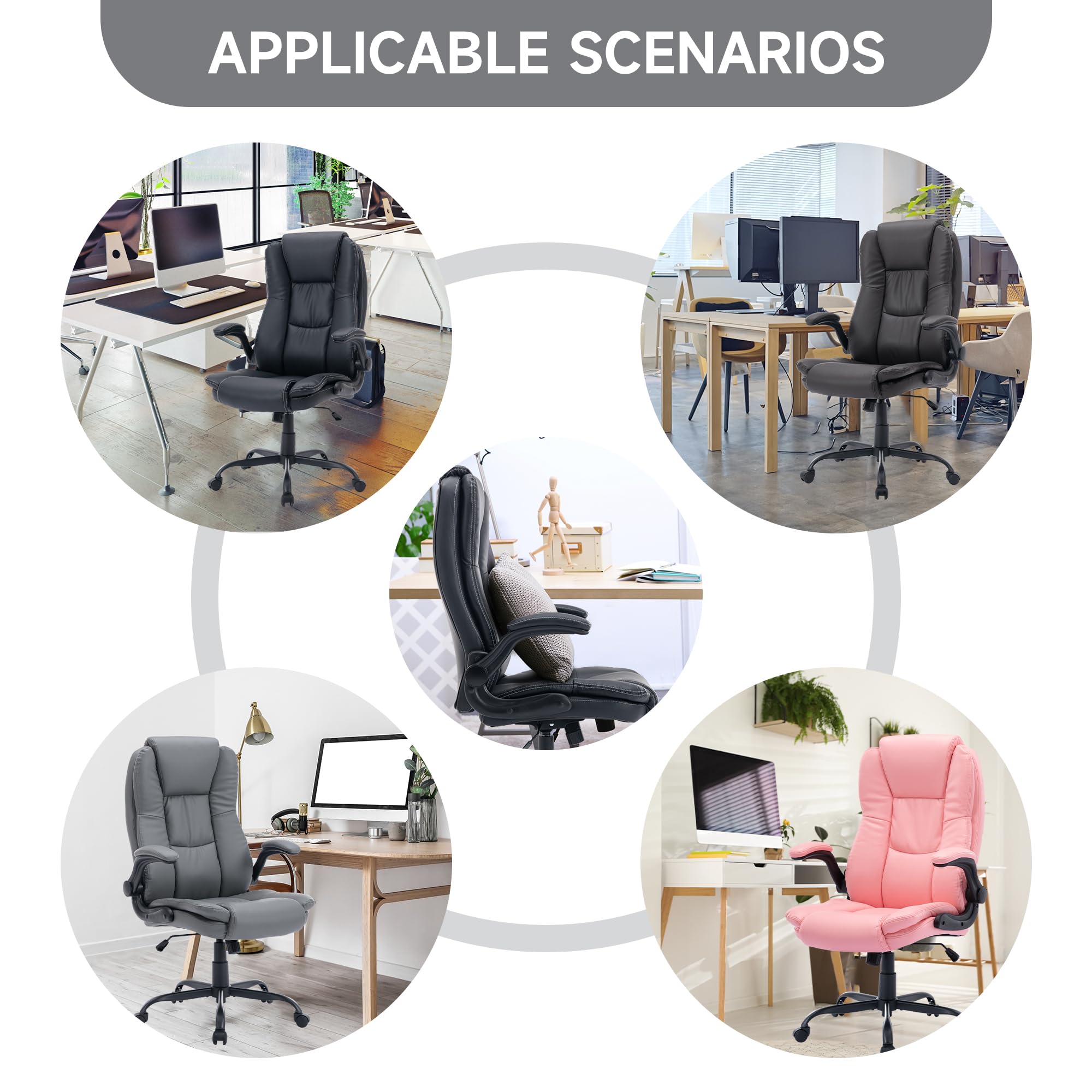 High Back Office Chair, Leather Executive Office Chair, Ergonomic Home Office Desk Chair with Flip-up Arms and Back Support,Comfortable Computer Desk Chairs with Wheels