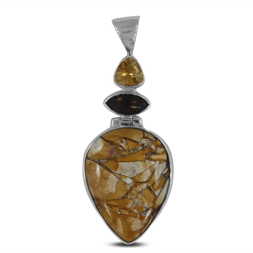 Jaipur Silver Jewels - Brecciated Mookaite Jasper, Smoky Quartz, Citrine Pendant, Gift Jewelry