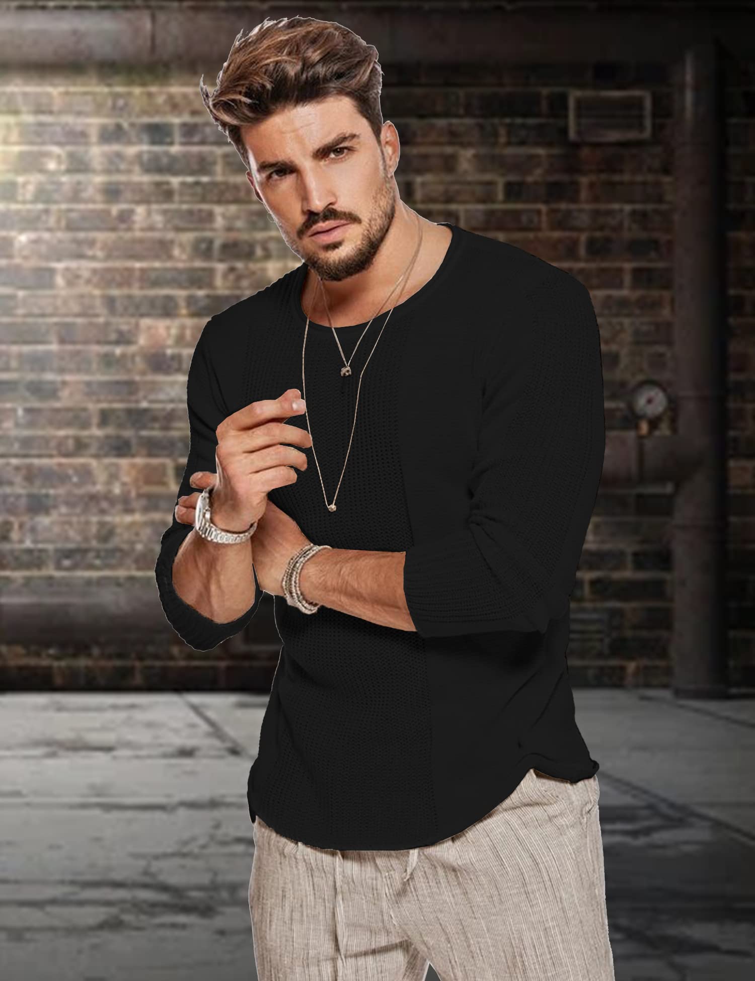 KELLORENA Men's Muscle T Shirts Stretch Long Sleeve Workout Tee Casual Slim Fit Gym Athletic T Shirts for Men Black